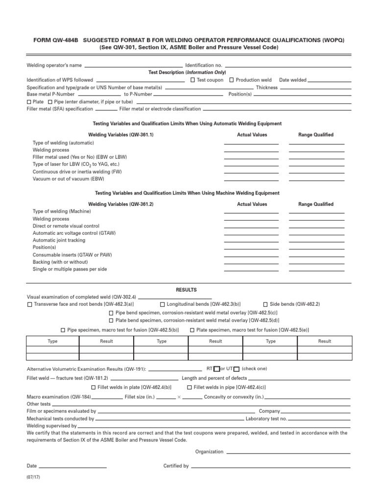 Form QW-484B: Welding Operator Performance Qualification Record ...