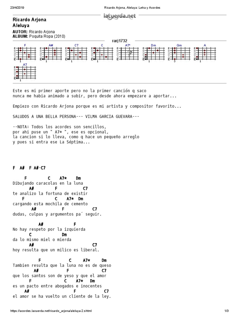 Ricardo Arjona, Aleluya - Letra y Acordes | PDF | Ocio