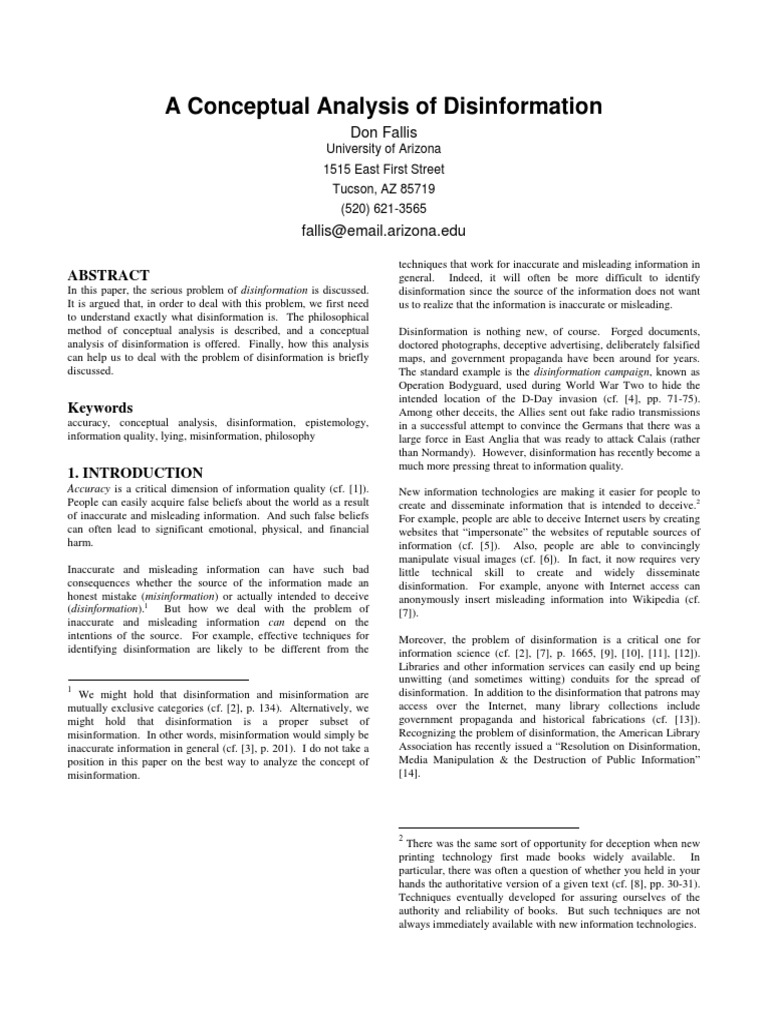 A Conceptual Analysis of Disinformation: Don Fallis | PDF | Deception | Lie
