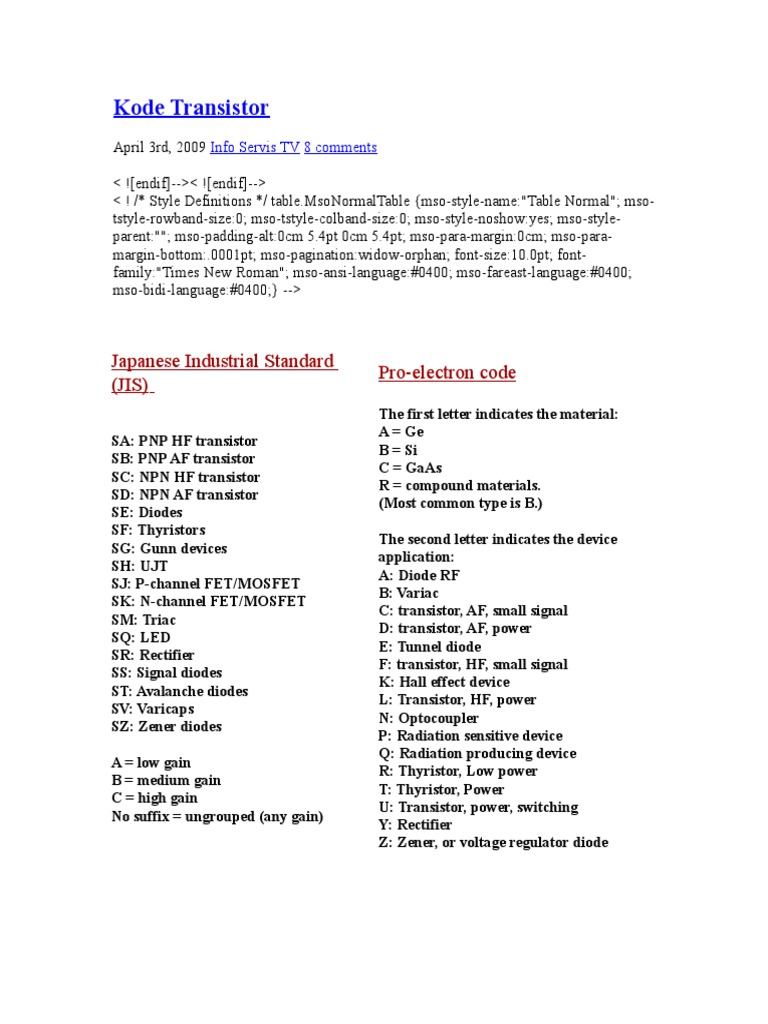 Kode Transistor: Japanese Industrial Standard (JIS) Pro-Electron Code ...
