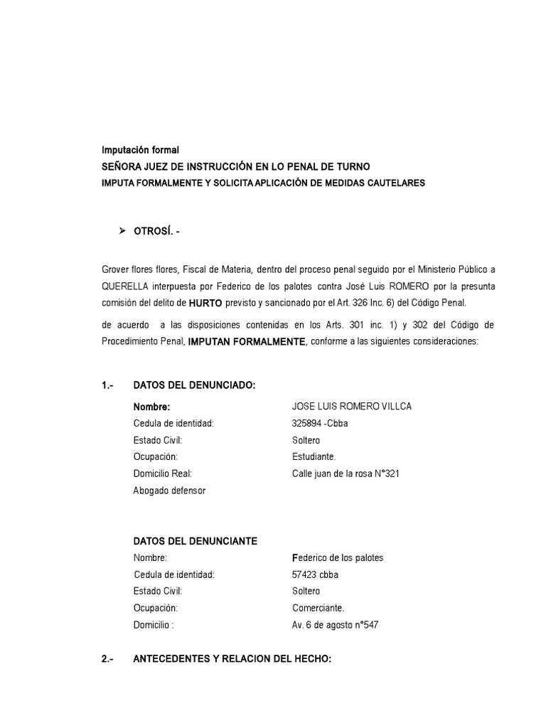 Imputacion Formal | PDF | Mandato | Derecho penal