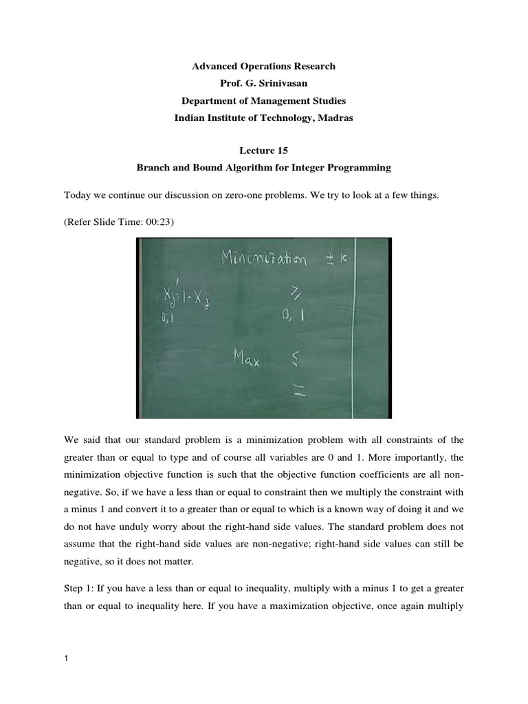 Advanced Operations Research Prof. G. Srinivasan Department of ...