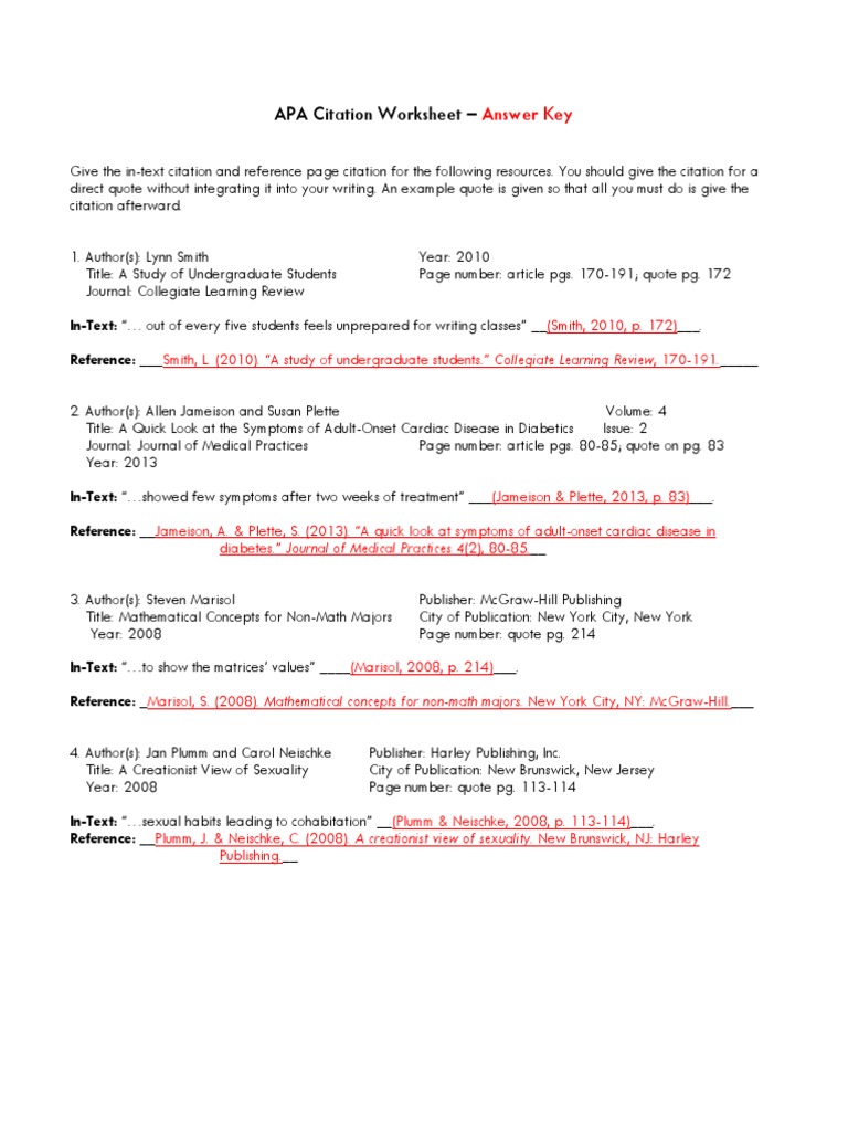 APA Citation Worksheet Answer Key | PDF