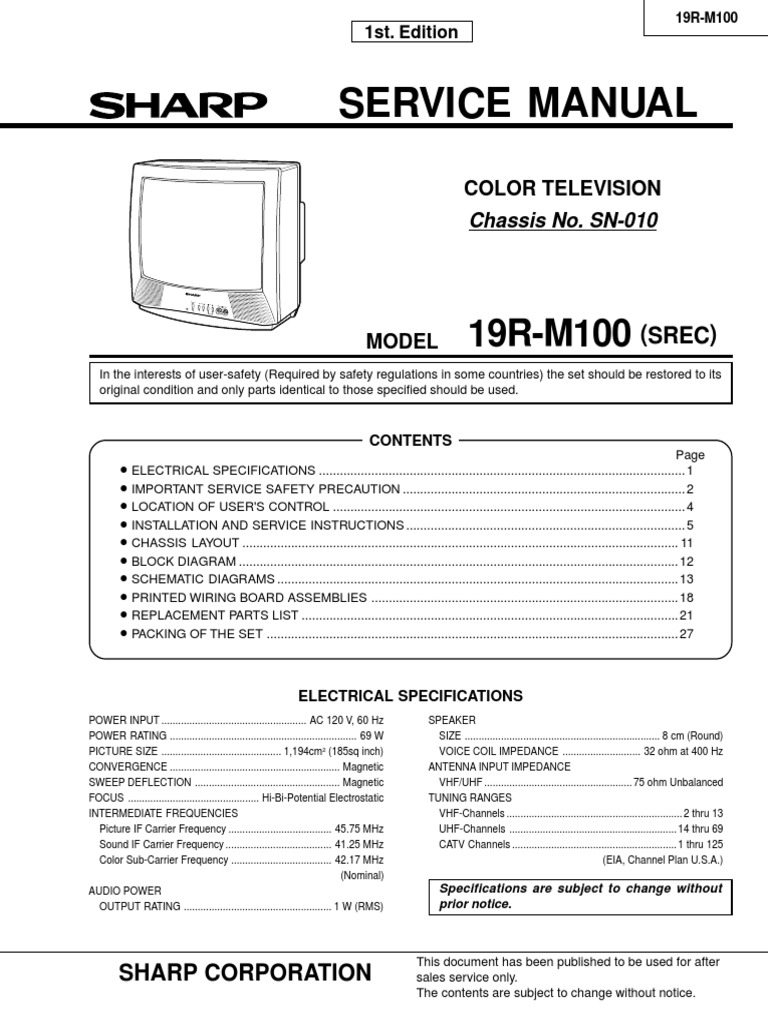 Sharp 19r-m100 (Srec) Chassis sn-010 PDF | PDF | Vacuum Tube | High Voltage