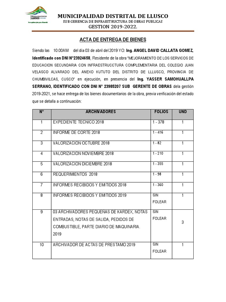 Acta de Bienes Entregados | Descargar gratis PDF | Economias | Business