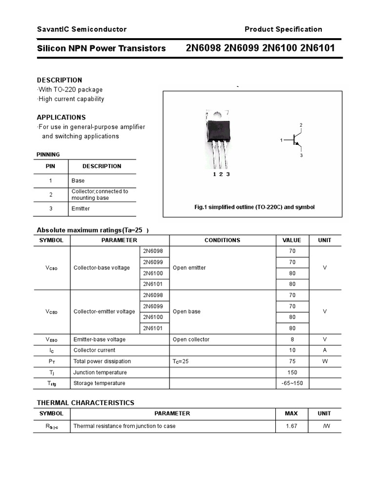 Silicon NPN Power Transistors: 2N6098 2N6099 2N6100 2N6101 | PDF ...