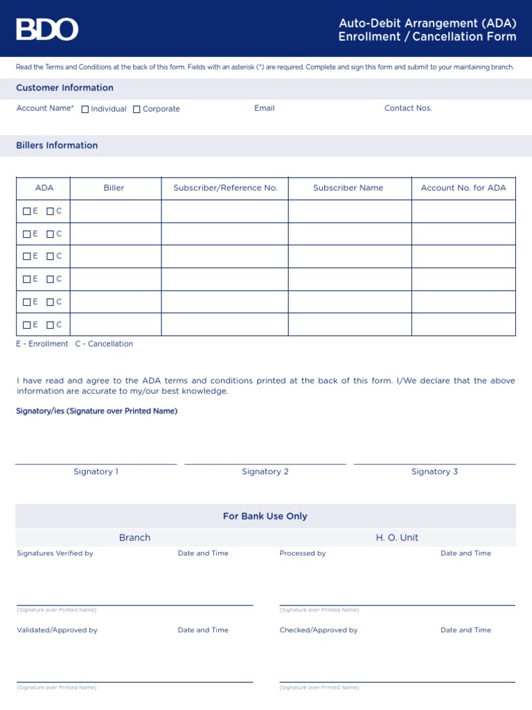 BDO ADA Enrollment Form.v1 | Download Free PDF | Deposit Account ...