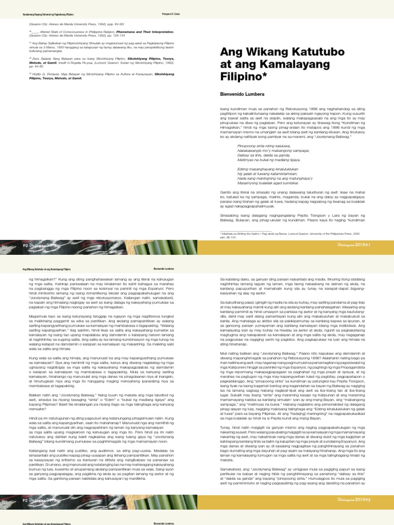 Wikang Katutubo at Kamalayang Pilipino Bienvenido Lumbera | PDF