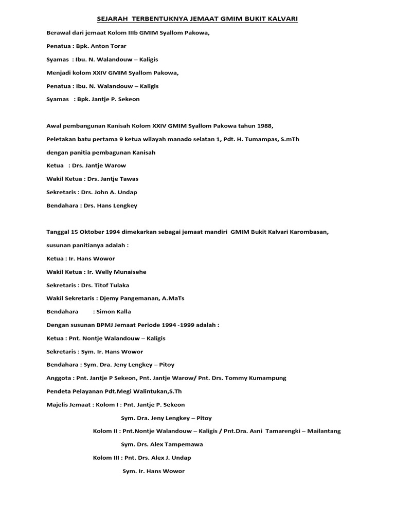 Sejarah Terbentuknya Jemaat Gmim Bukit Kalvari | PDF