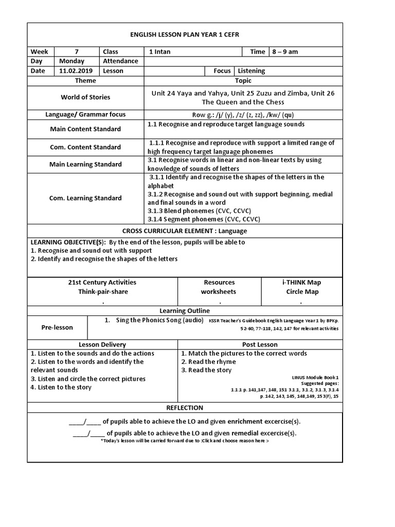 English Lesson Plan Year 1 Cefr | PDF | Word | Lesson Plan