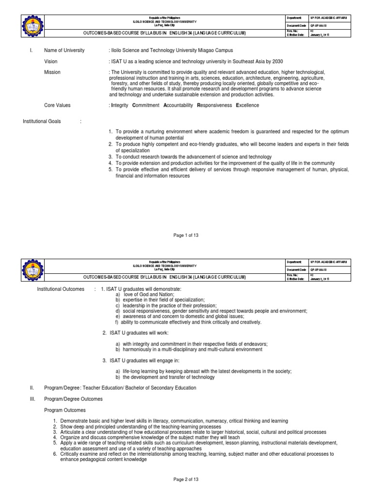 Outcomes-Based Course Syllabus in English 34 (Language Curriculum ...