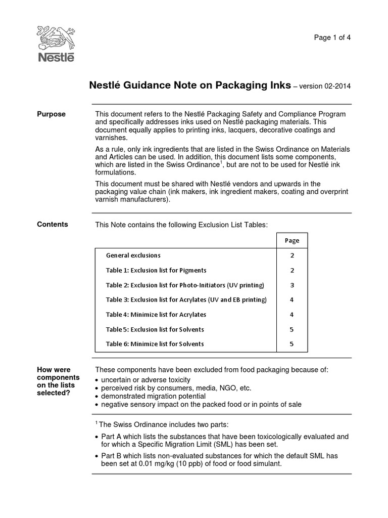Nestle Guidance Note On Packaging Inks Version | PDF | Pigment | Ink