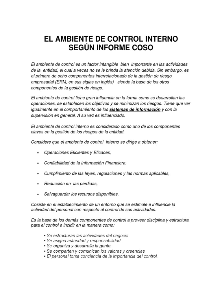 Ambiente de Control Interno según COSO | PDF | Sistema de informacion ...