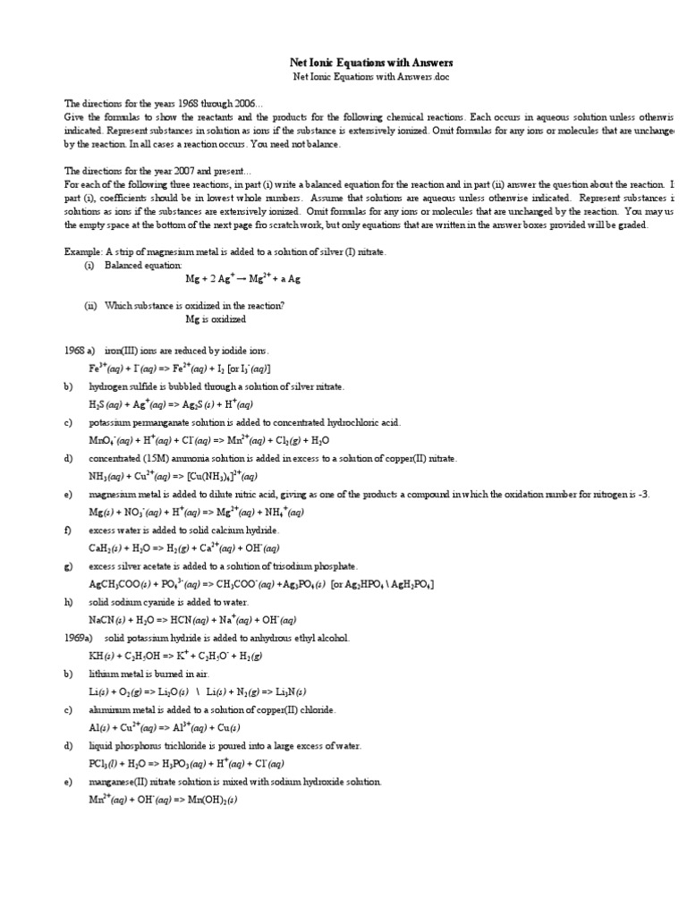 Net Ionic Equations Guide | PDF | Chlorine | Hydroxide