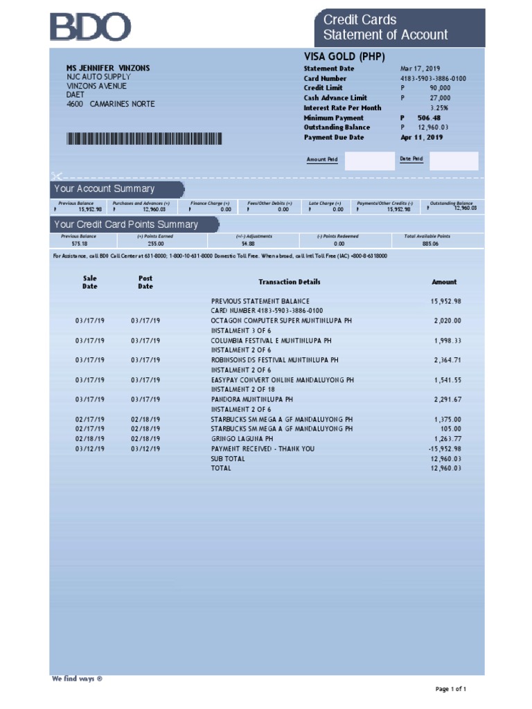 Bdo Mar Soa PDF | PDF | Credit Card | Personal Finance