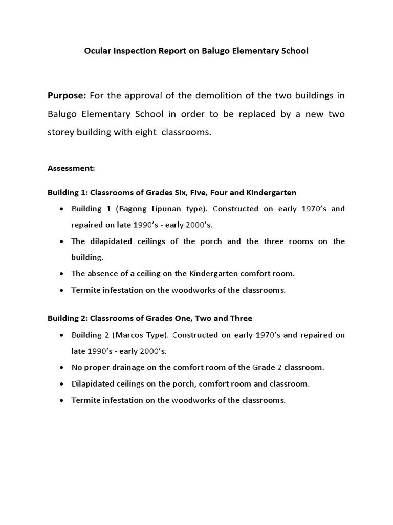 Ocular Inspection Report On Balugo Elementary School (Half) | PDF | Art
