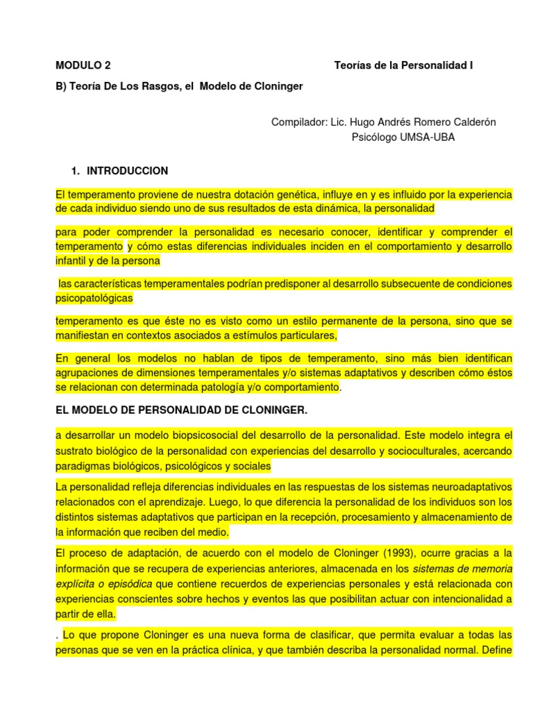 Teoría de Cloninger y los 7 factores de la personalidad | PDF | Memoria ...