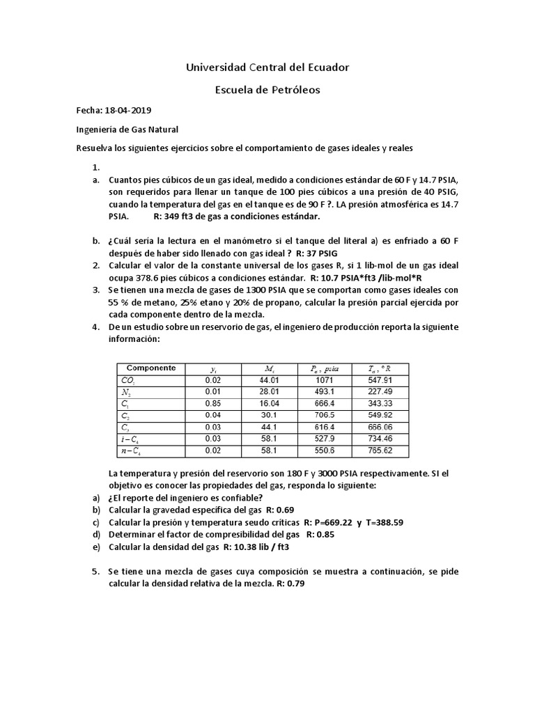 Ejercicios de Ing. Gas | PDF