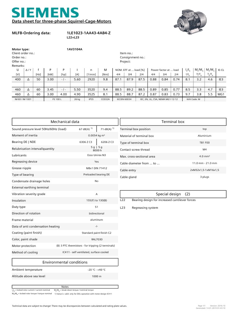 Data Sheet For Three-Phase Squirrel-Cage-Motors: MLFB-Ordering Data ...