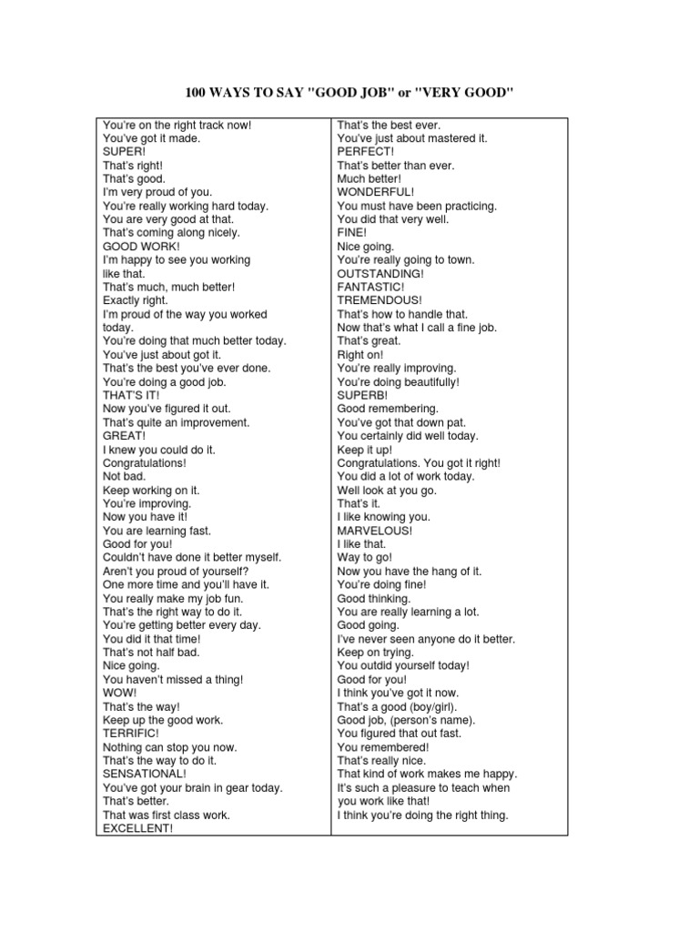 100 Ways To Say "Good Job" or "Very Good" | PDF