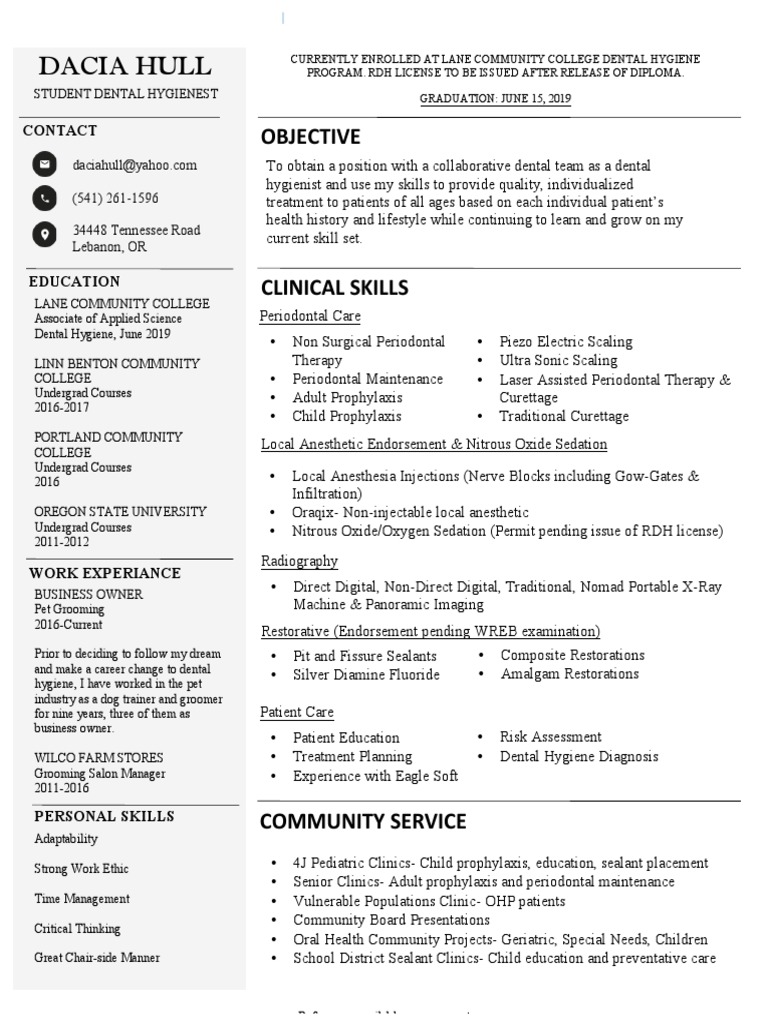 Portfolio 2019 DH Student Resume | PDF | Dental Hygienist | Health Care