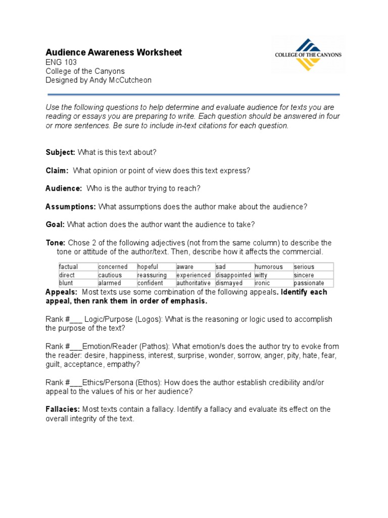 Audience Awareness Worksheet | PDF | Subjective Experience | Emotions