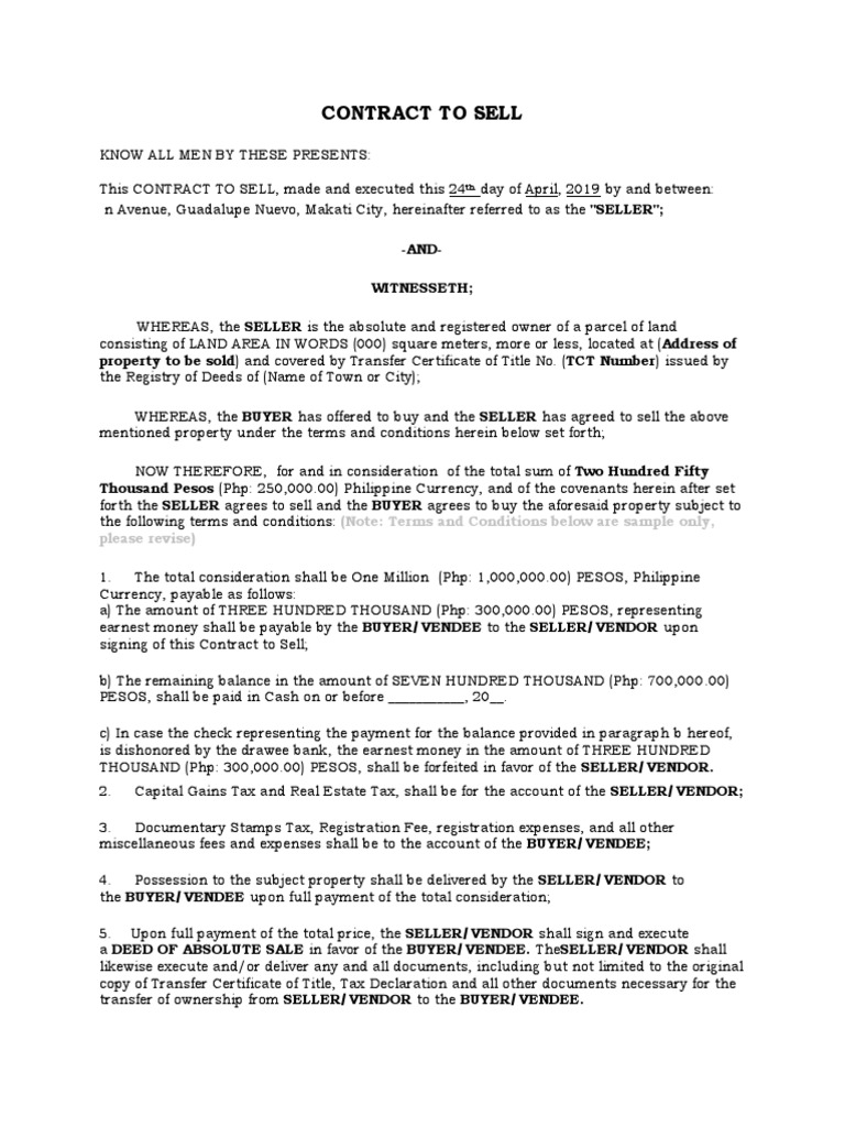 Sample CONTRACT TO SELL | PDF | Taxes | Common Law