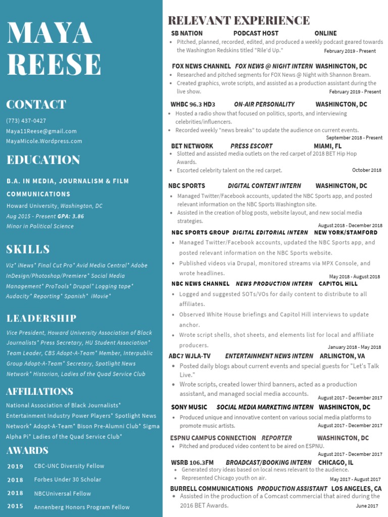 Maya Reese Resume | PDF | News Broadcasting | News