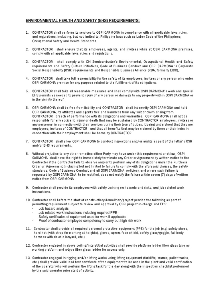 EHS Requirements - OSPI Carmona Rev Aug 2018b | PDF | Employment ...