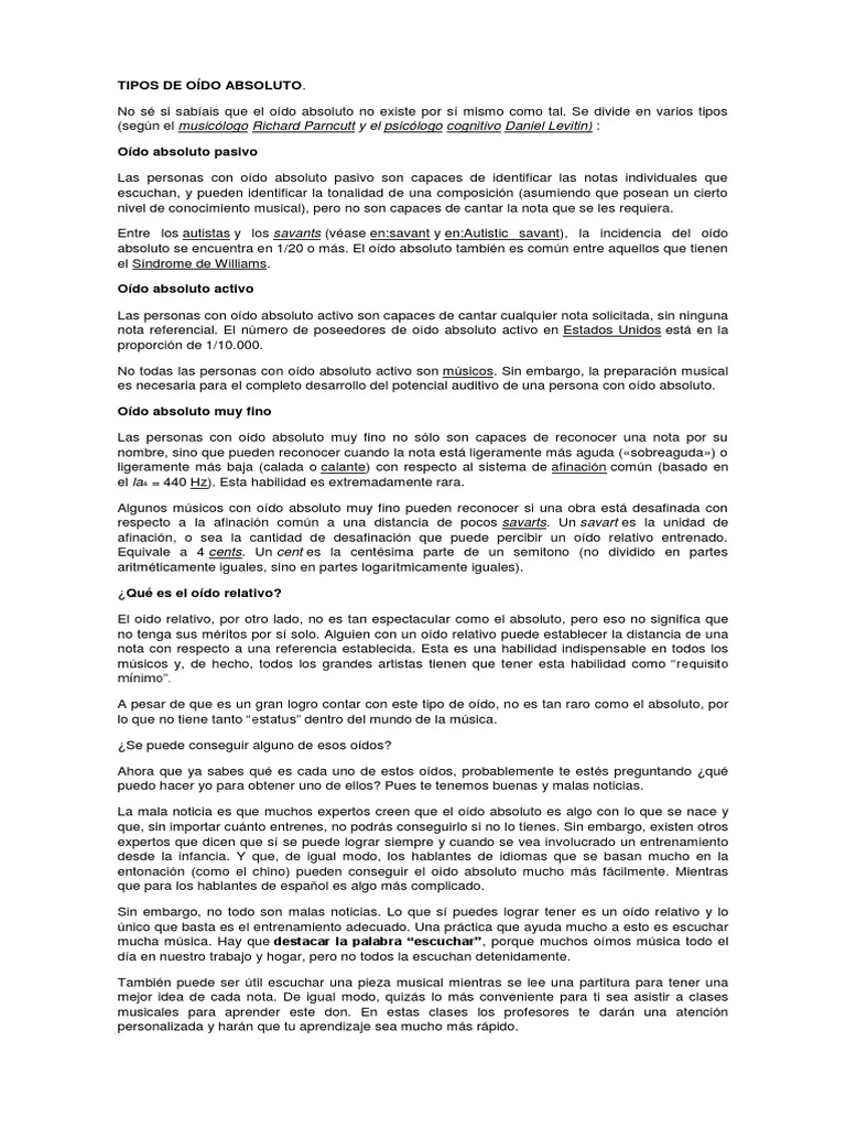 Tipos de Oído Absoluto | PDF | Composiciones Musicales | Teoría musical