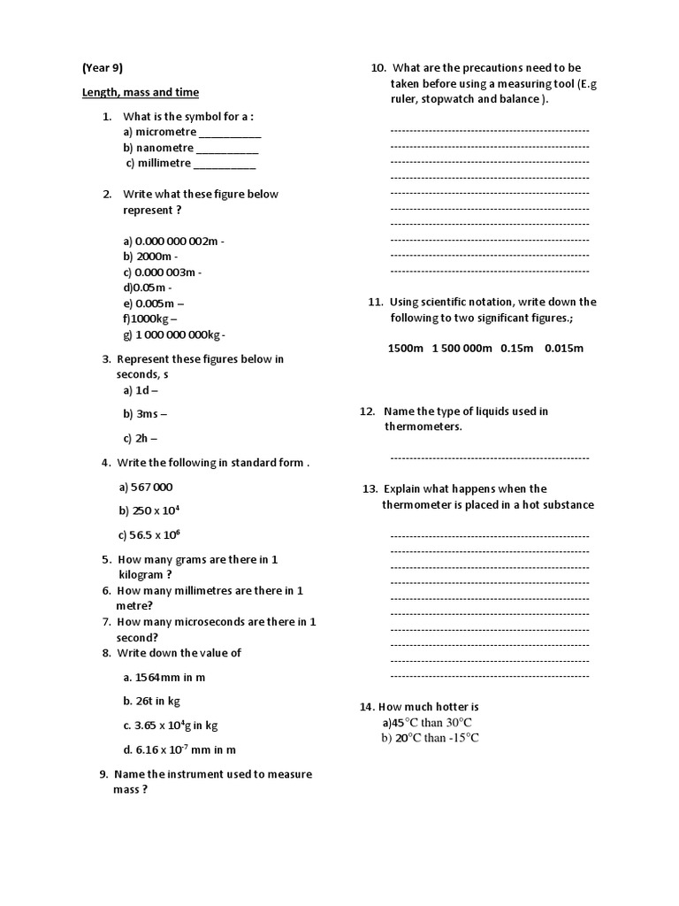 Year 9 Measurement Concepts Guide | PDF | Metre | Kilogram