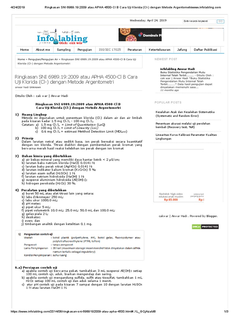 Ringkasan SNI 6989.19 - 2009 Atau APHA 4500-Cl B Cara Uji Klorida (CL ...