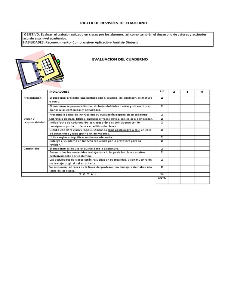 Pauta de Evaluación del Cuaderno Escolar | PDF