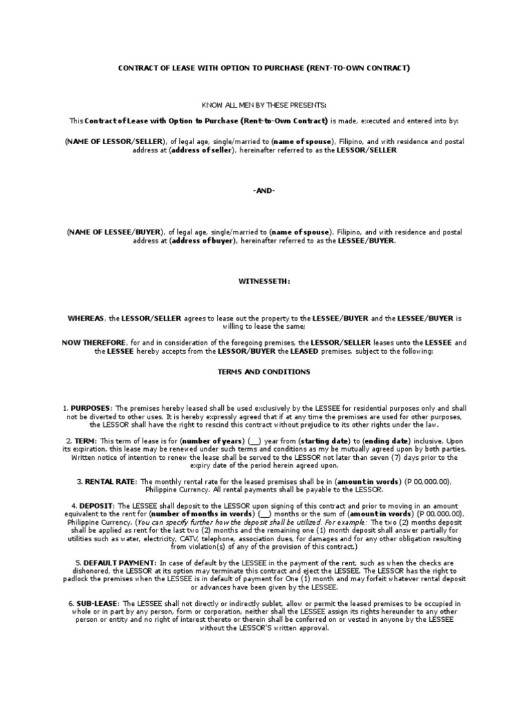 Rent To Own Contract (Format) | PDF | Lease | Property