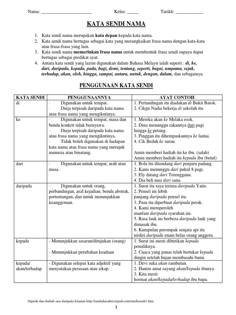 Kata Sendi Nama Nota Dan Latihan | PDF
