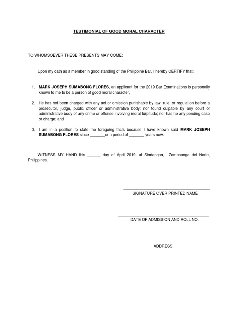 TESTIMONIAL-OF-GOOD-MORAL-CHARACTER.docx | Judiciaries | Government