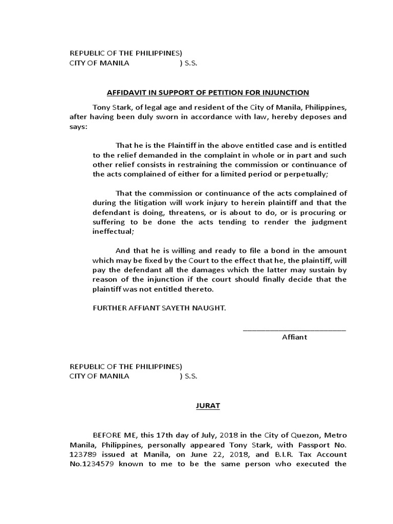 Affidavit in Support of Petition For Injunction | PDF