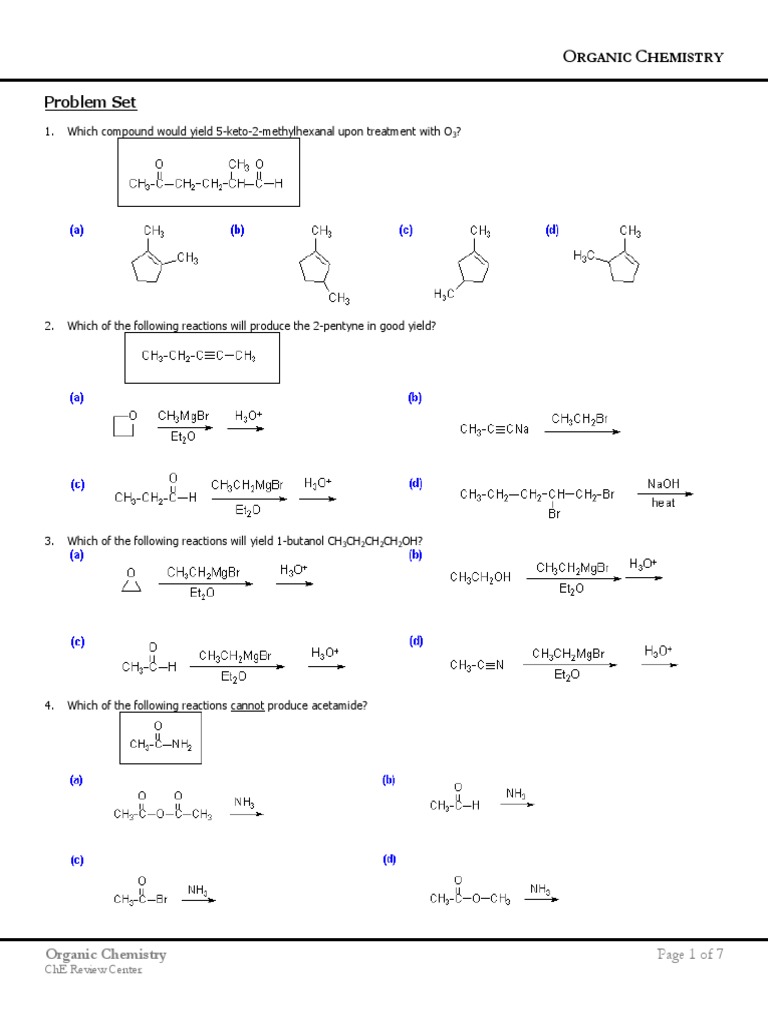 Organic Chemistry Problem Set Overview | PDF | Chemical Reactions | Carbon
