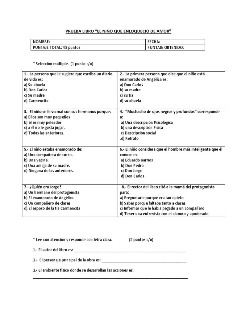PRUEBA LIBRO El Niño Que Enloquecio de Amor | PDF | Artes del Lenguaje ...