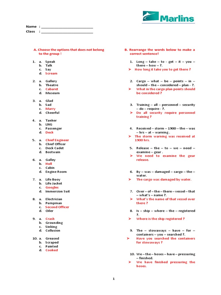 Answer Key Marlins Test | PDF | Ships | Water Transport