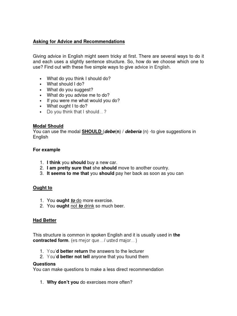 Asking For and Giving Advice and Recommendations | PDF | Onomastics ...