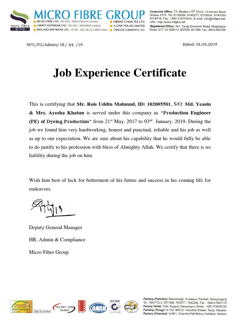 Job Experience Certificate | PDF | Career & Growth | Finance & Money ...