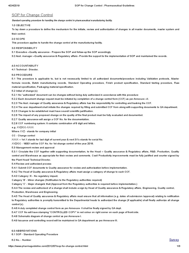 SOP For Change Control - Pharmaceutical Guidelines | PDF | Quality ...