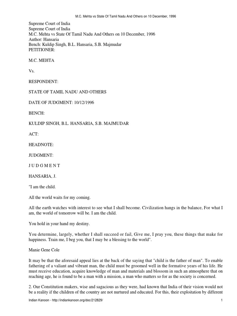 M.C. Mehta Vs State of Tamil Nadu and Others On 10 December, 1996 | PDF | International Labour ...