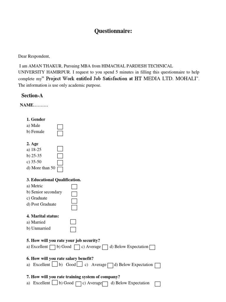 Questionnaire:: " Project Work Entitled Job Satisfaction at HT MEDIA ...