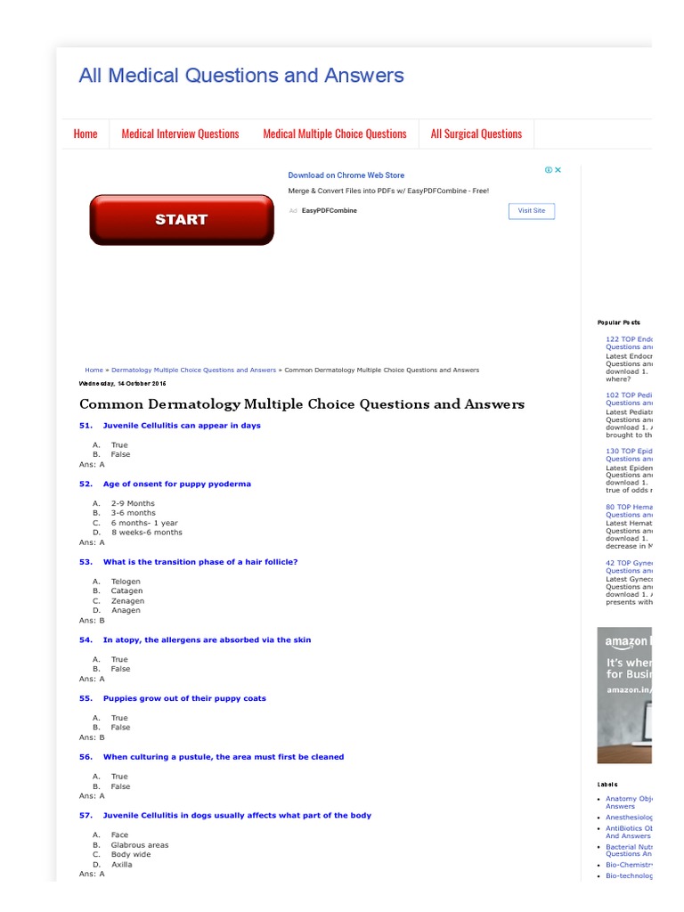 Common Dermatology Multiple Choice Questions and Answers - 6 | PDF ...