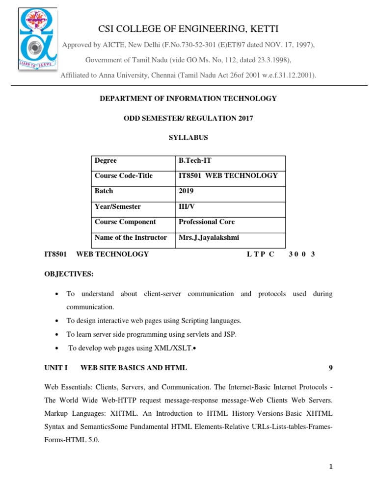 It8501 Web Technology Syllabus | PDF | Dynamic Web Page | Document ...