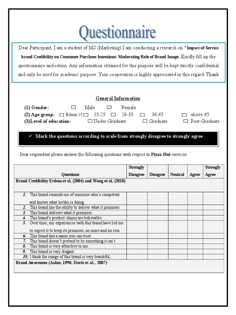 Pizza Hut Brand Credibility Survey | PDF | Brand | Questionnaire