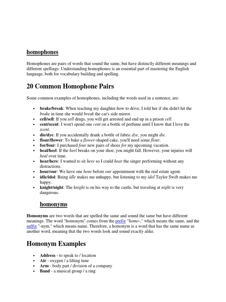 20 Common Homophone Pairs: Homophones | PDF | Stress (Linguistics ...