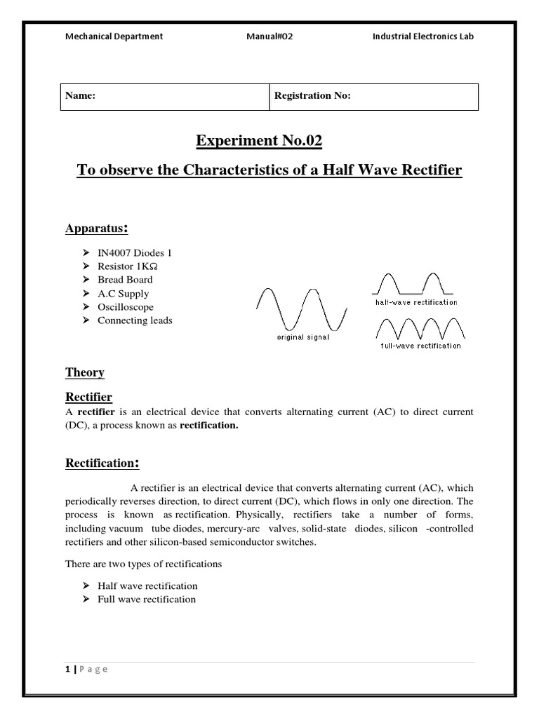 Experiment No.02 To Observe The Characteristics of A Half Wave ...
